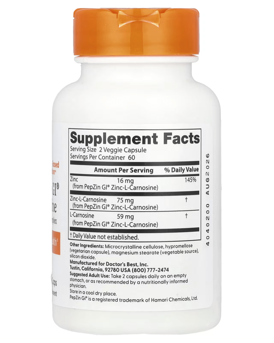 DOCTOR'S BEST Zinc-L-Carnosine Complex PepZin GI® - 120 Capsules ...