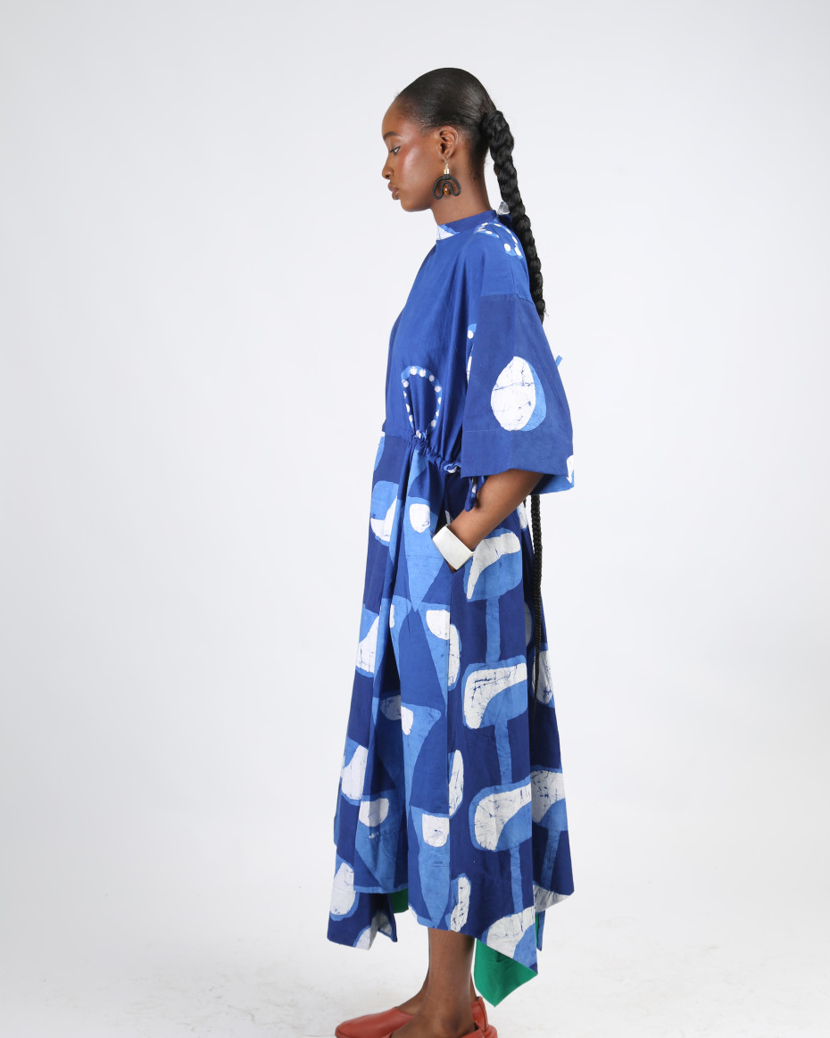 WHITE AND BLUE MULTIPRINT MIDI IRO DRESS | The Dyelab Company Limited ...