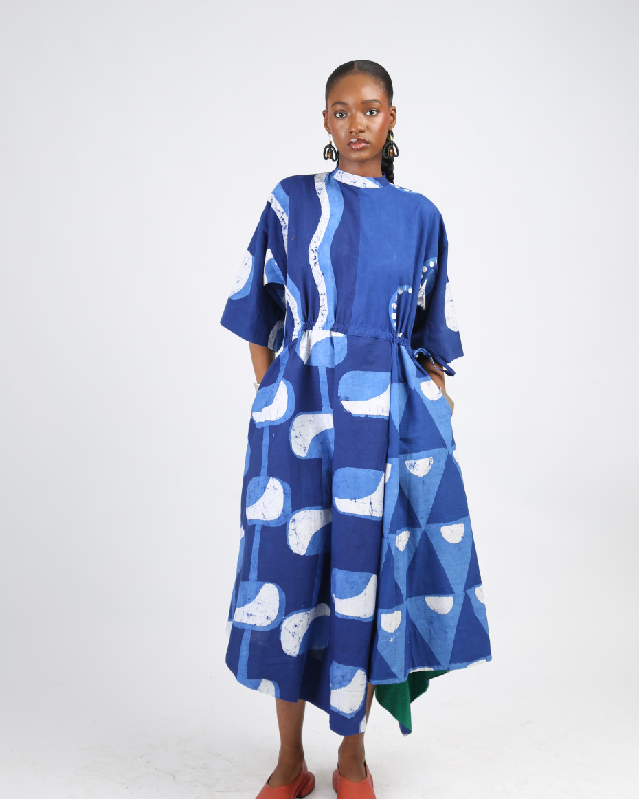 WHITE AND BLUE MULTIPRINT MIDI IRO DRESS | The Dyelab Company Limited ...